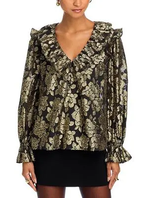 Aqua Metallic Jacquard Ruffle Neck Top - Black/gold