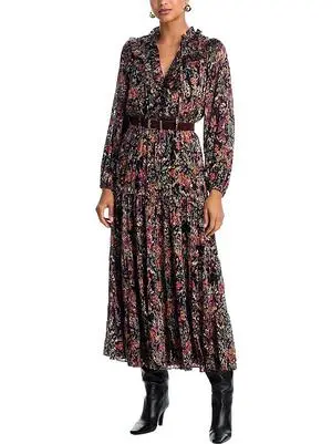 Aqua Floral Satin Burnout Long Sleeve Maxi Dress - Black