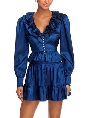 Aqua Crinkle Ruffle Collar Long Sleeve Blouse Exclusive - Navy