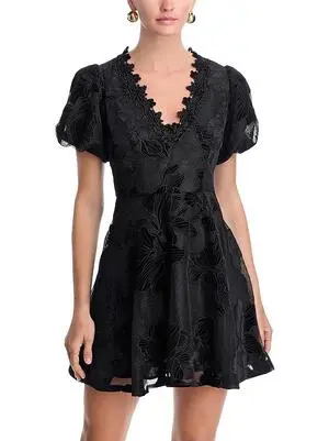 Aqua Lace Puff Sleeve Mini Dress - Black