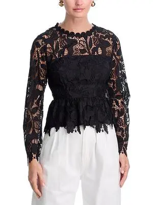 Aqua Floral Lace Long Sleeve Top - Black
