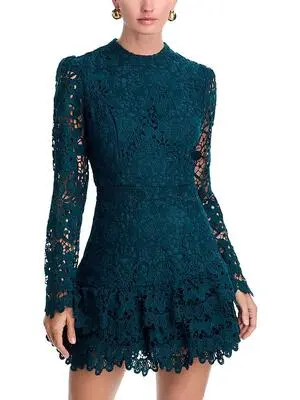 Aqua Lace Long Sleeve Flounce Mini Dress - Emerald Green