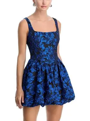 Aqua Floral Brocade Bubble Mini Dress - Black/blue