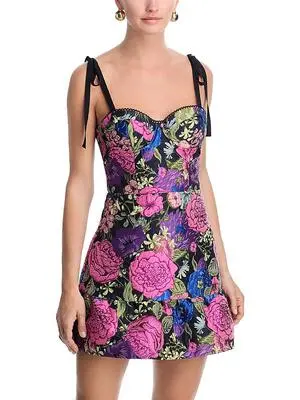 Aqua Floral Brocade Bustier Mini Dress - Black/pink