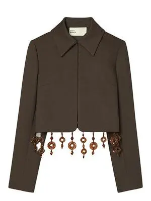 Tory Burch Cropped Crepe Jacket - Dark Mocha