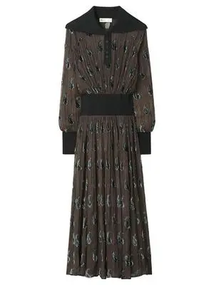 Tory Burch Ribbed Waist Paisley Devoré Dress Brown Paisley Shadow