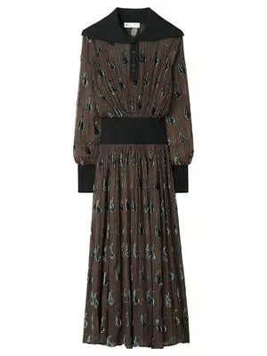 Tory Burch Ribbed Waist Paisley Devoré Dress - Brown Paisley