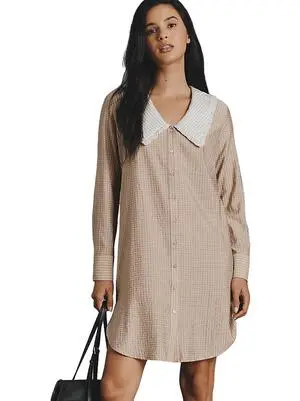 English Factory Long-sleeve Collared Mini Shirt Dress - Ivory Pattern