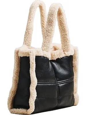 LAMARQUE Zoey Sherpa Fleece Leather Tote - Black & Ivory