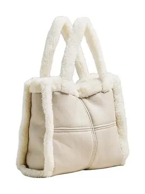 LAMARQUE Zoey Sherpa Fleece Leather Tote Bone