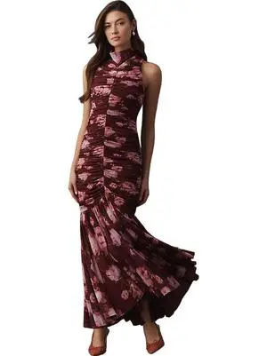 Bhldn Mesh Ruched Maxi Dress Pink Floral