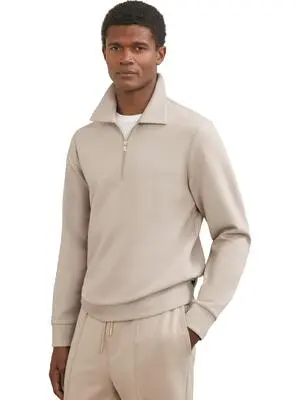 REISS Prince Premium Interlock Half-Zip Polo Sweatshirt Stone