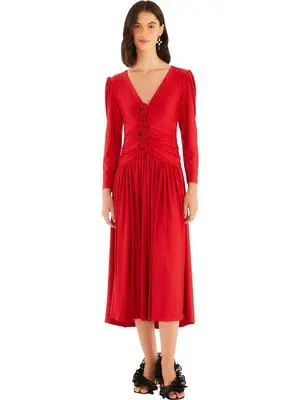 FARM RIO HOLIDAY 3d Roses Long Sleeve Draped Midi Dress - Red