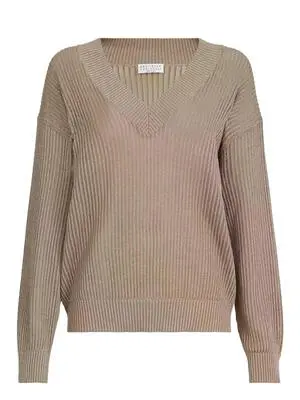 Brunello Cucinelli Ribbed V-neck Sweater - Brown