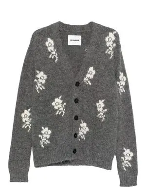 JIL SANDER Floral-intarsia V-neck Cardigan - Grey