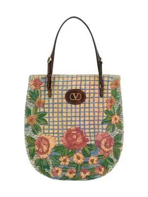 Valentino Garavani Embroidered Raffia V-logo Shoulder Bag - Neutrals