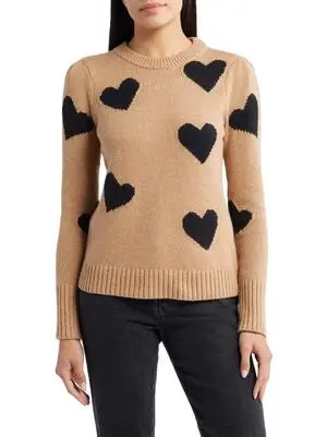 Caslon Intarsia Heart Sweater - Tan Camel Heather- Black Heart