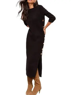 FRIENDS LIKE THESE Side Button Long Sleeve Sweater Dress - Black