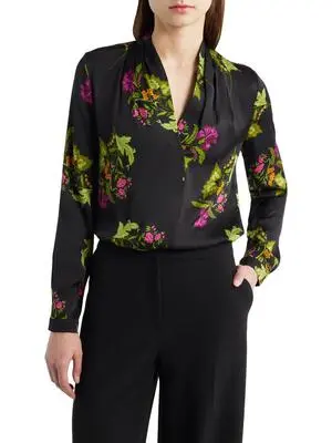 Kobi Halperin Palm Print Stretch Silk Top - Black Multi
