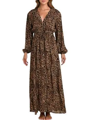 L'Agence Leopard Print Chiffon Maxi Cover-up Dress - Natural