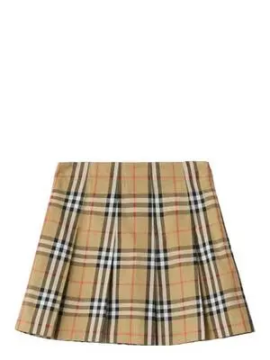 Burberry Pleated Check Cotton Twill Skirt - Sand Beige
