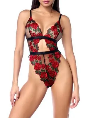 MAPALE Embroidered Teddy With Cutouts And Scalloped Edging - Black/red