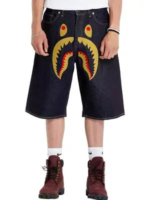 A BATHING APE Banana-head Embroidered Denim Shorts - Blue