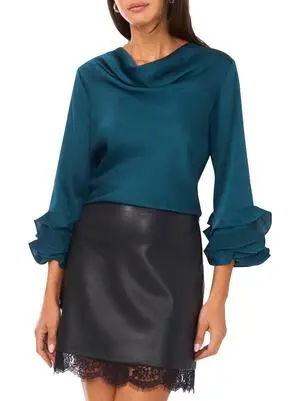 Vince Camuto Tiered Ruffle Sleeve Satin Top - Deep Teal