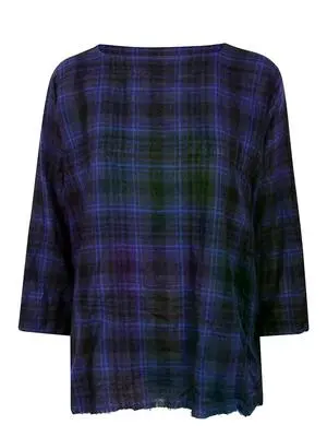 DANIELA GREGIS Tartan-Print Frayed-Hem Blouse Black