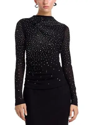Aqua Rhinestone Mesh Jersey Long Sleeve Top - Black