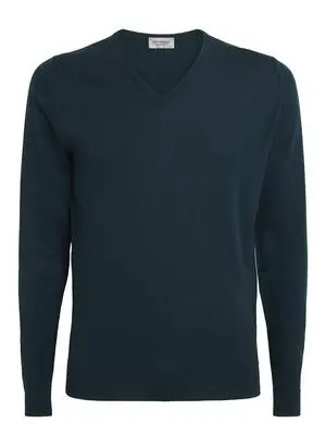 John Smedley Merino Wool V-neck Sweater - Green