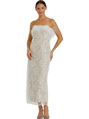Mac Duggal Embellished Feather Strapless Column Dress - White