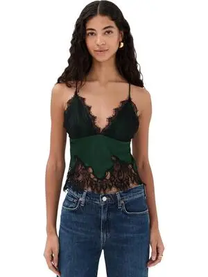 Alice + Olivia Claudia V-neck Lace Slip Top - Green Mystique/black