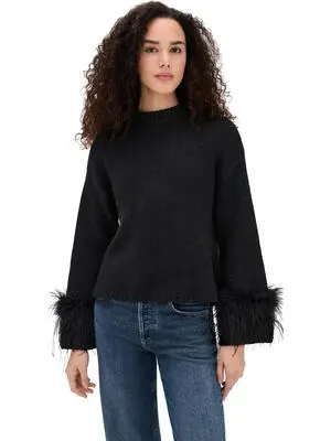 WAYF Pia Feather Trim Pullover Sweater - Black