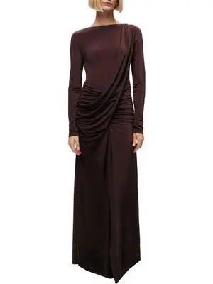 NOCTURNE Asymmetric Draped Open-back Dress - Dark Brown