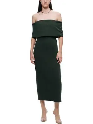 NOCTURNE Off-shoulder Foldover Column Midi Dress - Dark Green