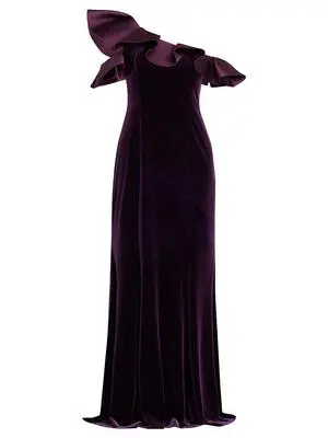 Rickie Freeman For Teri Jon One-shoulder Ruffle Velvet Gown - Plum