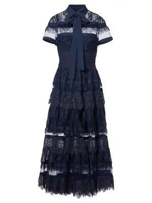 Elie Saab Tie-neck Lace Midi Dress - Blue