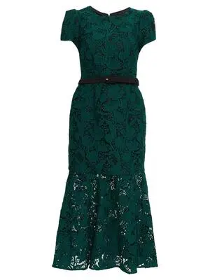 MILLY Tahlia Tulip Garden Lace Midi Dress - Dark Green