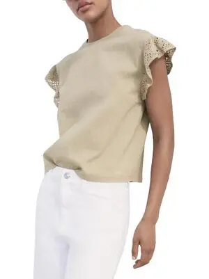 Mango Ruffle Eyelet-sleeve Top - Medium Brown
