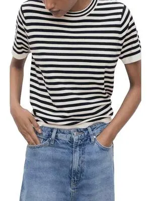 Mango Stripe Short-sleeve Sweater - Navy