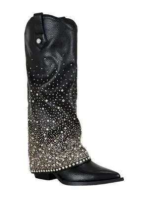 AZALEA WANG Beth Studded Western Boots - Black