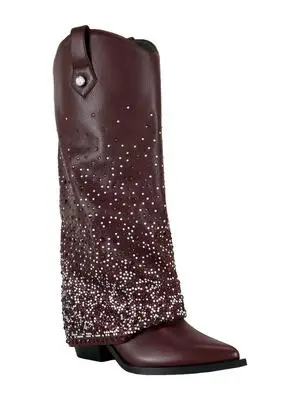 AZALEA WANG Beth Studded Western Boots - Brown
