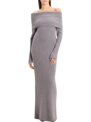 Theory Off-the-shoulder Long Sleeve Rib Wool & Cashmere Maxi Dress - Grey Heather