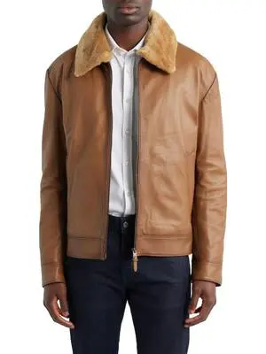 BOSS Mury Down Fill Leather Jacket With Shearling Collar - Medium Brown
