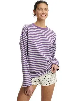 COTTON ON Boxy Long Sleeve Top - Sophie Stripe Plum Pulse