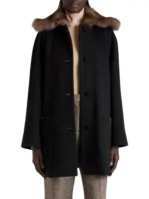 Valentino Garavani Genuine Shearling Collar Wool Coat - Black