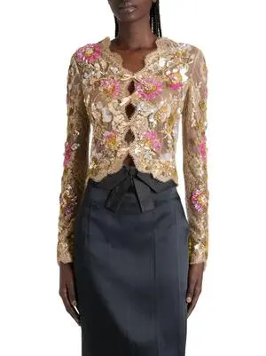 Valentino Garavani Embroidered Silk Lace Top - Gold