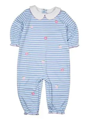 FLORENCE EISEMAN Stripe Knit Longall With Embroidered Flowers - Light Blue/ White/ Pink