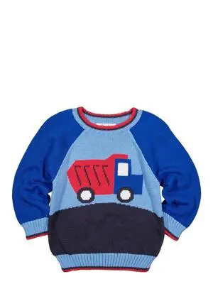 FLORENCE EISEMAN Intarsia Dump Truck Cotton Sweater - Light Blue/ Royal/ Navy/ Red